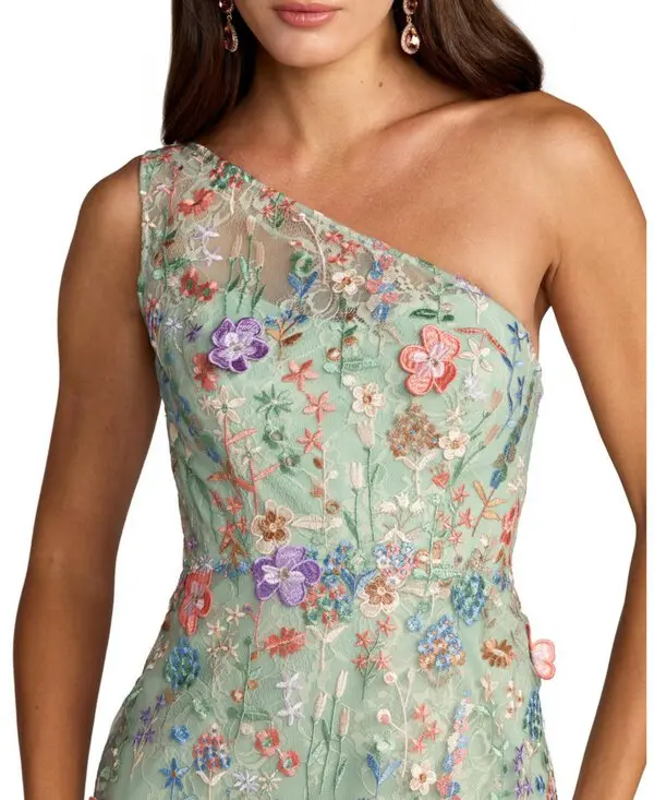 Mac Duggal Petite One-shoulder Floral Embroidered Gown - Sage Multi