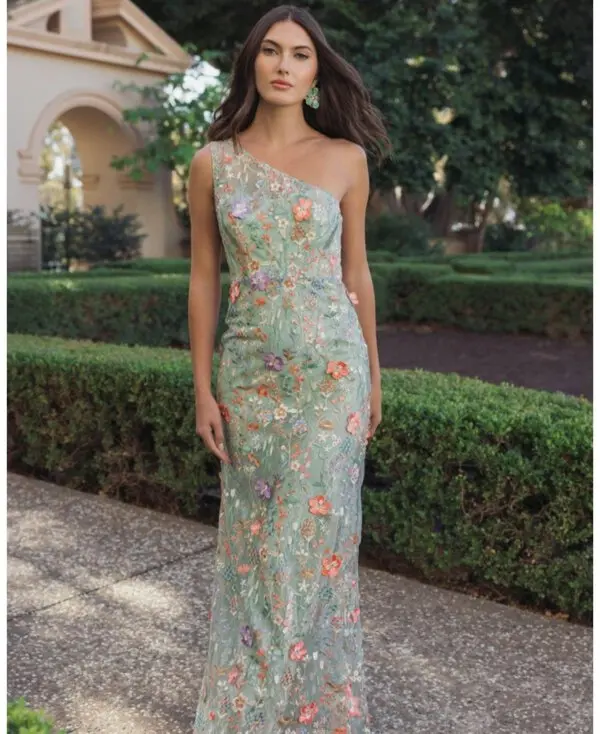 Mac Duggal Petite One-shoulder Floral Embroidered Gown - Sage Multi