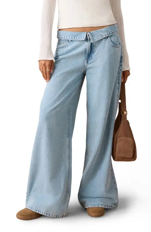 Mango Foldover Low-rise Wide-leg Jeans - Light Blue
