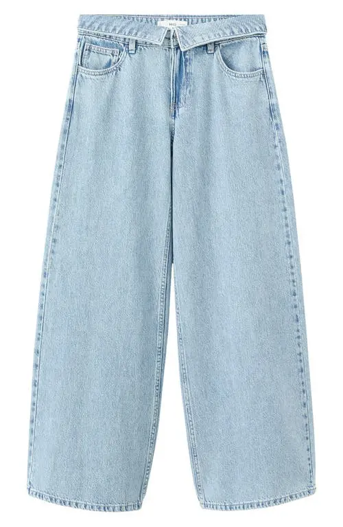 Mango Foldover Low-rise Wide-leg Jeans - Light Blue