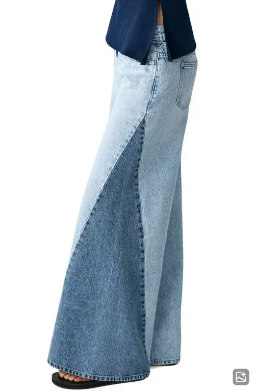 Mango Two-tone Wide Leg Jeans - Medium Blue