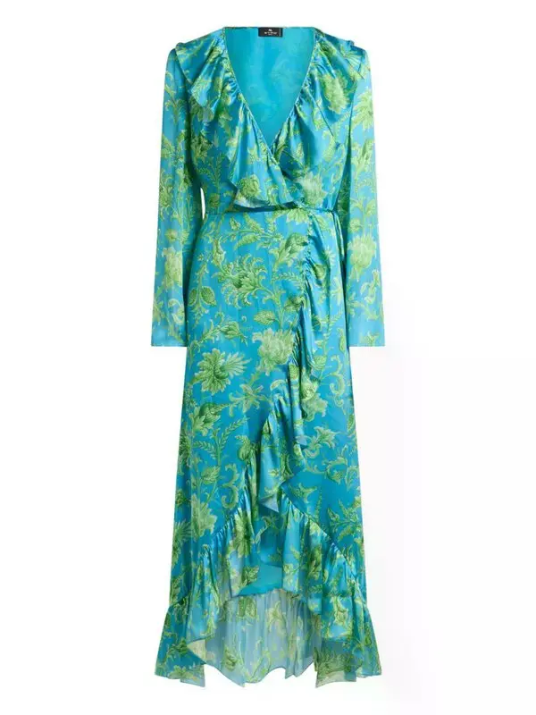 Etro Silk Long Wrap Dress With Floral Motif