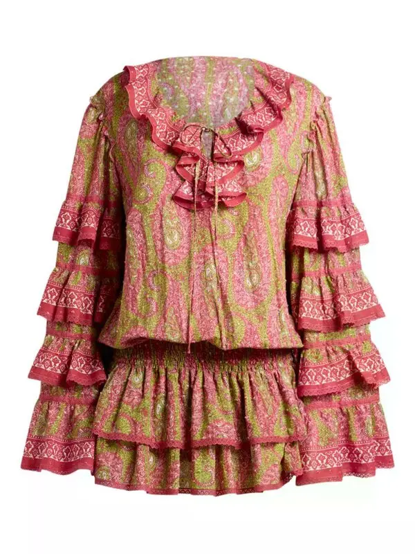 Etro Cotton Dotted Swiss Mini Dress With Ruffles And Paisley Motif