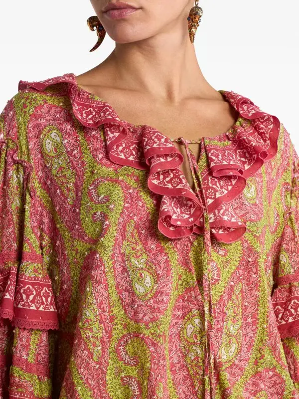 Etro Cotton Dotted Swiss Mini Dress With Ruffles And Paisley Motif