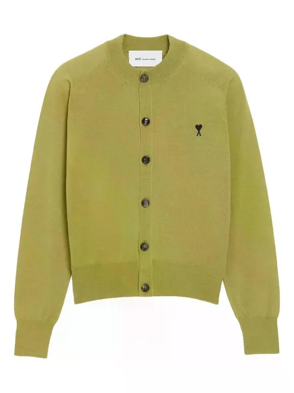 AMI Paris Wool Crewneck Cardigan With De Coeur Embroidery