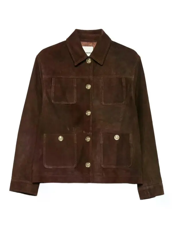 Sandro Buttoned Leather Jacket With Pockets - Brown