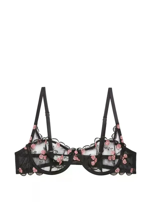 Fleur Du Mal Rose Embroidered Scalloped Bra - Black