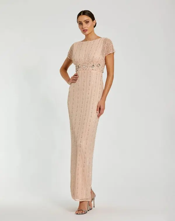 Mac Duggal Beaded Blouson Column Gown - Pink