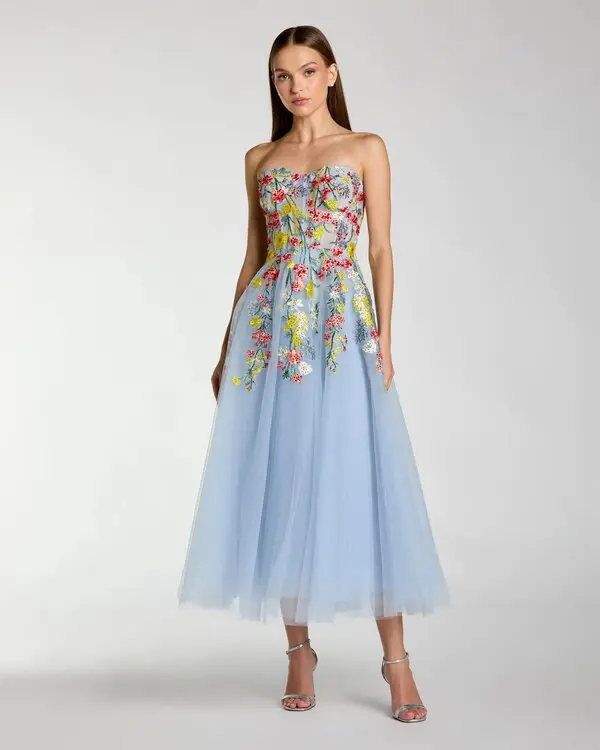 Mac Duggal Strapless Floral Embroidered A-line Midi Dress