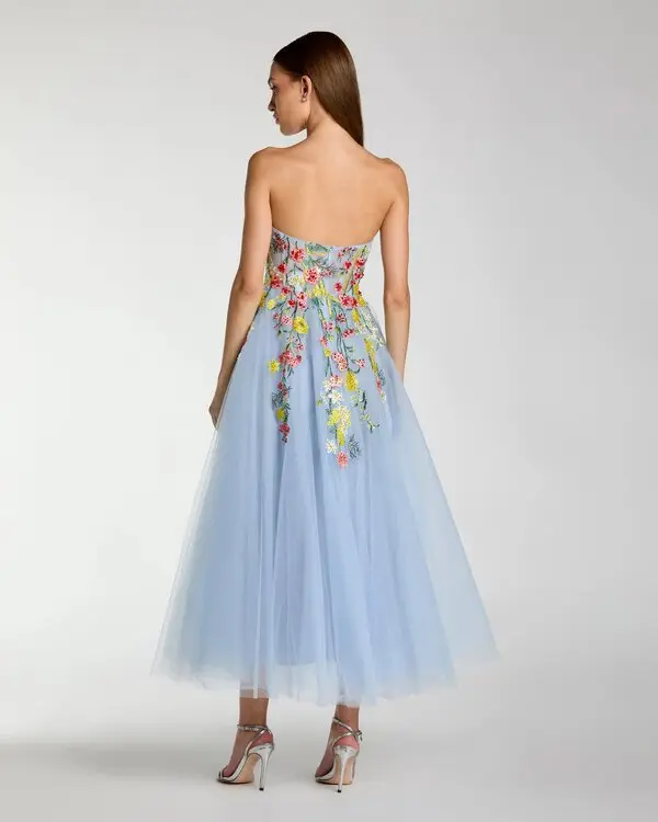Mac Duggal Strapless Floral Embroidered A-line Midi Dress
