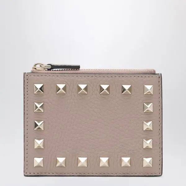 Valentino Garavani Rockstud Blush Leather Zip Card Holder - Pink