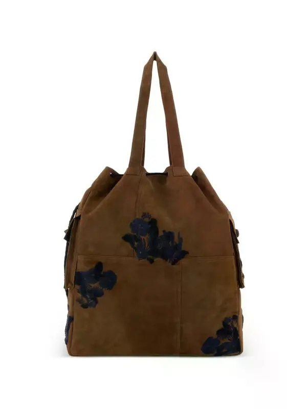 BAZISZT Floral-embroidered Suede Tote Bag - Brown