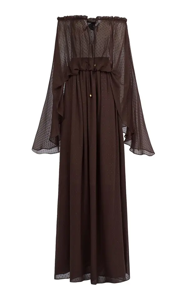 TALLER MARMO Ouarzazate Off-the-shoulder Metallic Chiffon Maxi Dress - Brown