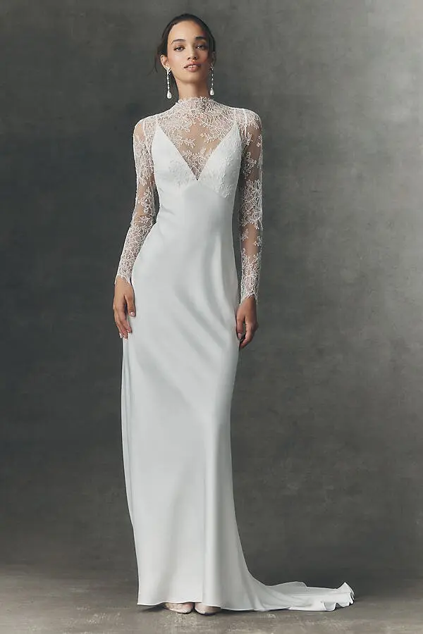 Jenny Yoo Jenny Iris Long-sleeve V-neck Satin Wedding Gown