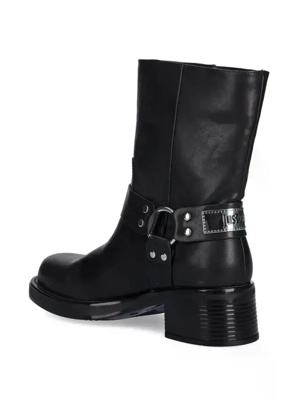 Just Cavalli Leather Harness Detail Block Heel Boots