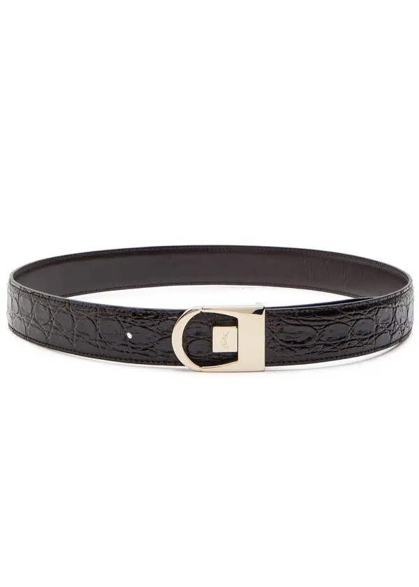 Saint Laurent Logo-engraved Crocodile Glossed Leather Belt - Black