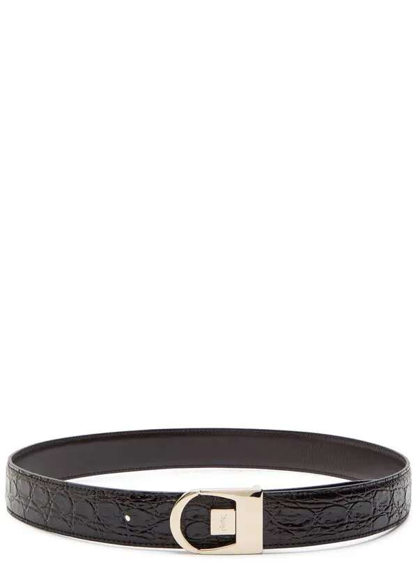 Saint Laurent Logo-engraved Crocodile Glossed Leather Belt - Black