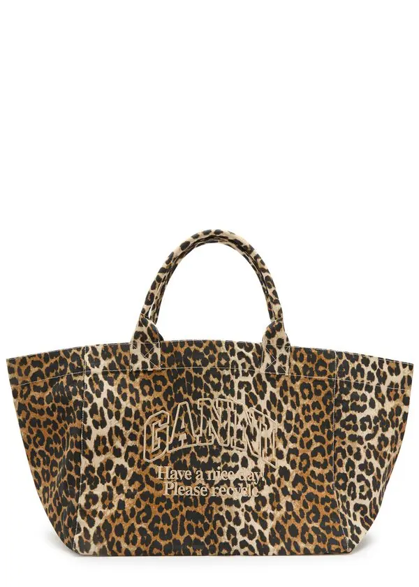 GANNI Printed Xxl Shopper Canvas Tote Bag - Leopard