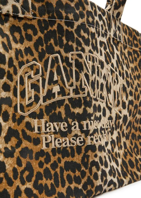 GANNI Printed Xxl Shopper Canvas Tote Bag - Leopard