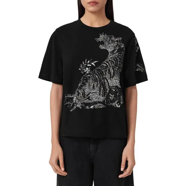 ALLSAINTS Pounce Lisa Embellished Cotton Graphic T-shirt - Black