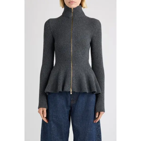 Alaïa Virgin Wool And Cashmere Peplum Cardigan - Gris Fonce