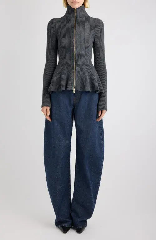 Alaïa Virgin Wool And Cashmere Peplum Cardigan - Gris Fonce