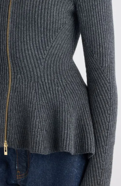 Alaïa Virgin Wool And Cashmere Peplum Cardigan - Gris Fonce