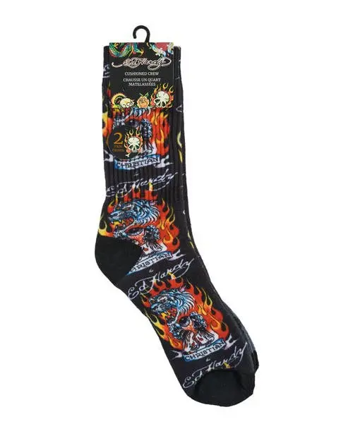 Ed Hardy Flaming Eagle 360 Print Full Cushion Crew Socks 2-pack - Black