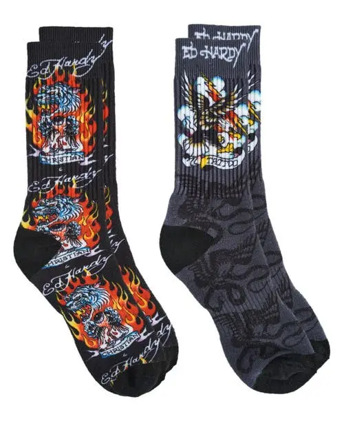 Ed Hardy Flaming Eagle 360 Print Full Cushion Crew Socks 2-pack - Black