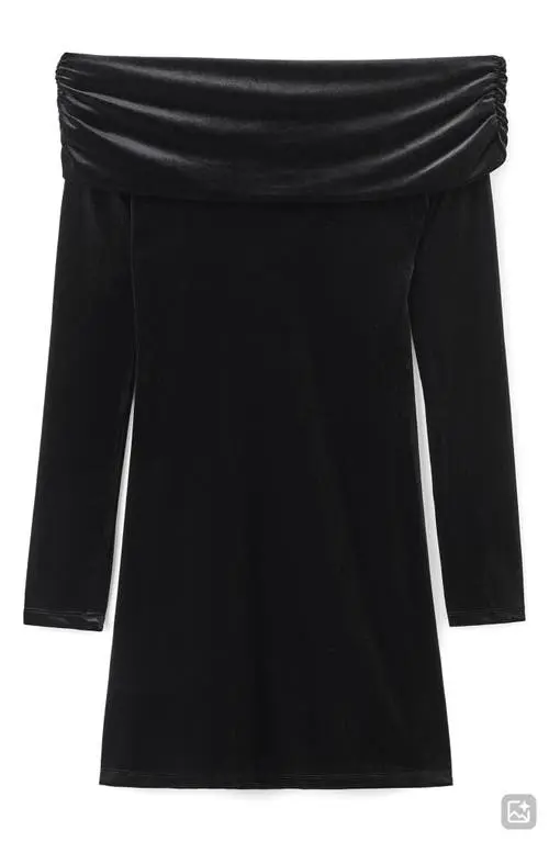 Mango Off-the-shoulder Long Sleeve Velvet Mini Dress - Black