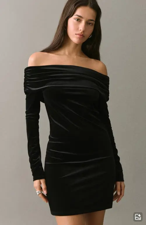 Mango Off-the-shoulder Long Sleeve Velvet Mini Dress