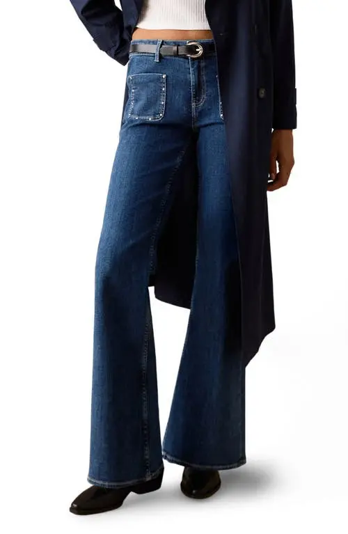 Mango Studded Patch Pocket Flare Jeans - Dark Blue