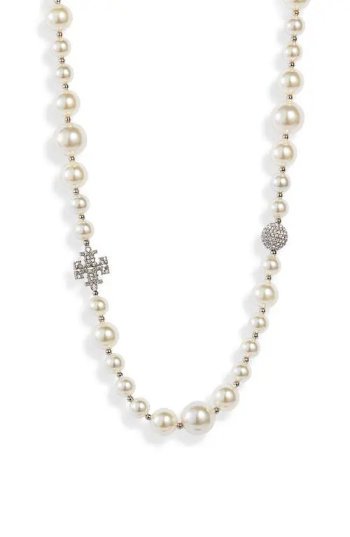Tory Burch Pavé Crystal Charm & Imitation Pearl Choker Necklace - Silver/tory Silver/pearl