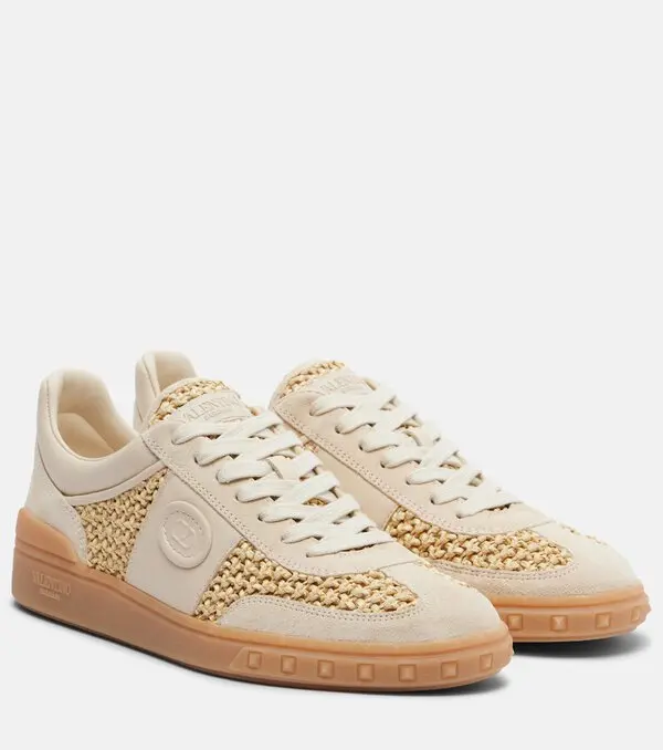Valentino Garavani Vlogo Raffia And Leather Sneakers - Beige