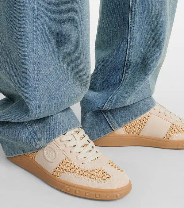 Valentino Garavani Vlogo Raffia And Leather Sneakers - Beige