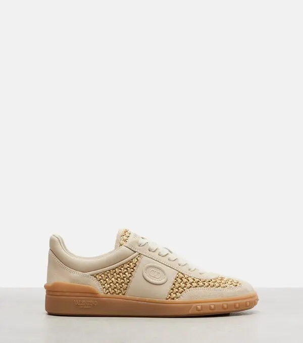 Valentino Garavani Vlogo Raffia And Leather Sneakers - Beige