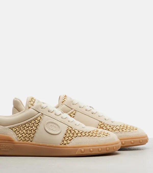 Valentino Garavani Vlogo Raffia And Leather Sneakers - Beige