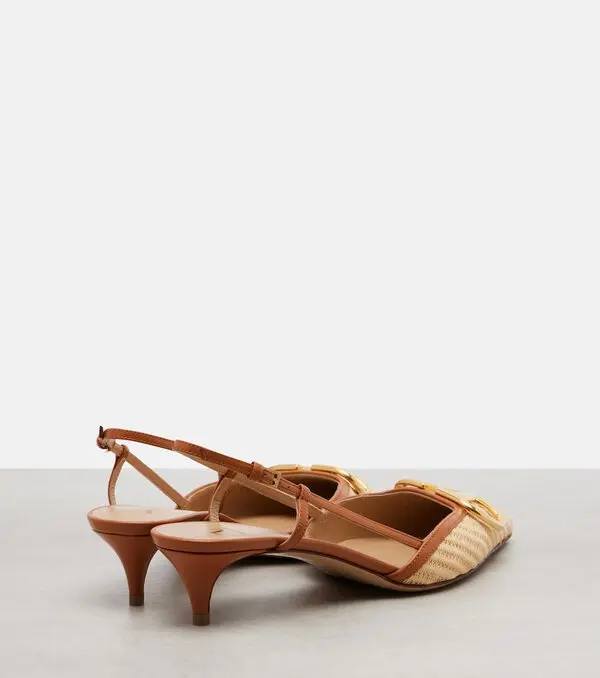 Valentino Garavani Vlogo Leather-trimmed Raffia Slingback Pumps