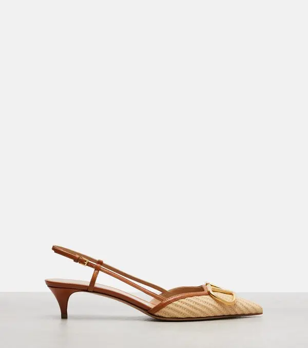 Valentino Garavani Vlogo Leather-trimmed Raffia Slingback Pumps