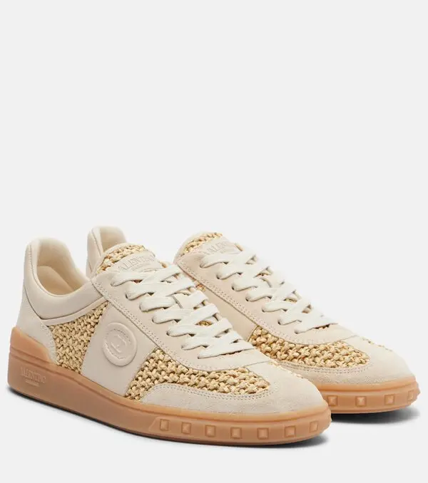 Valentino Garavani Vlogo Leather-trimmed Raffia Sneakers - Beige