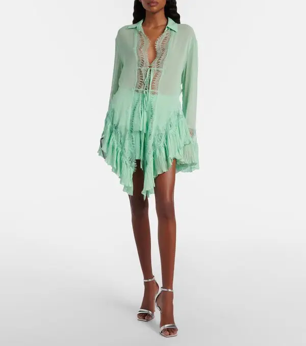 Blumarine Lace-trimmed Georgette Shirt - Green