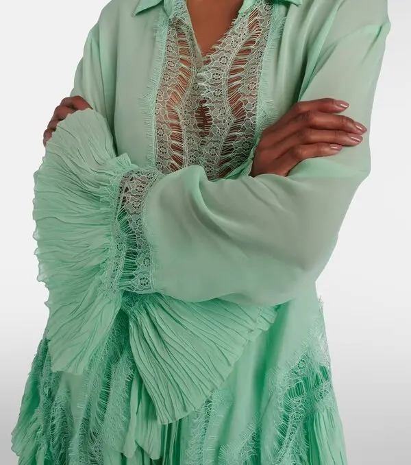 Blumarine Lace-trimmed Georgette Shirt - Green