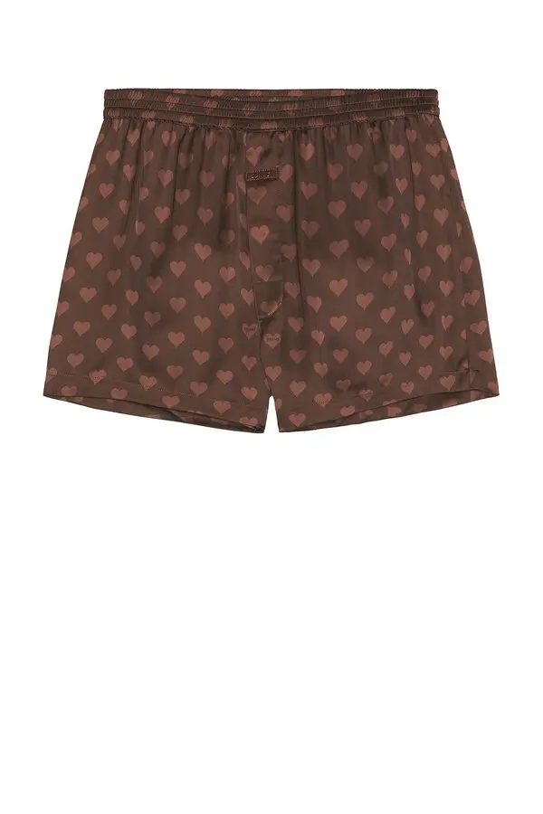 SKIMS Sleep Sateen Boxer In Brown - Cocoa Heart Halfdrop Print