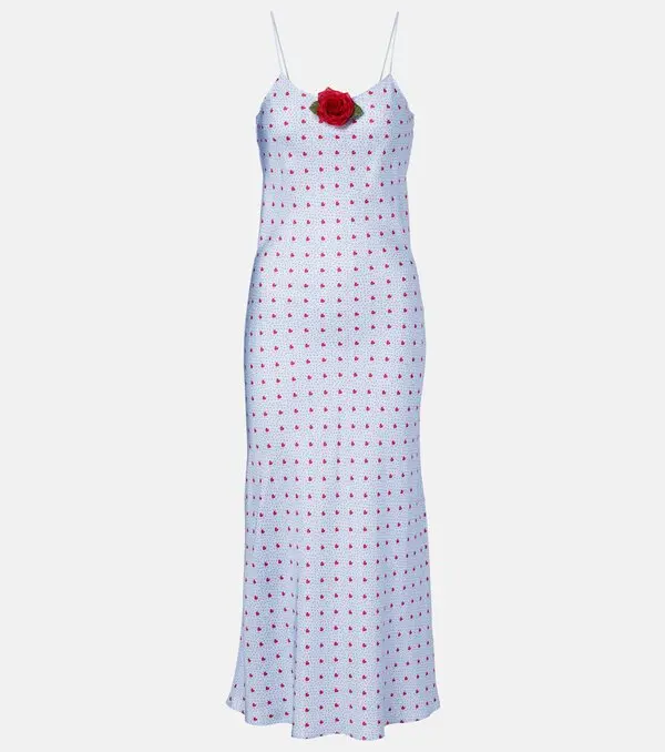 RODARTE Floral Appliqué Printed Silk Slip Dress - Blue