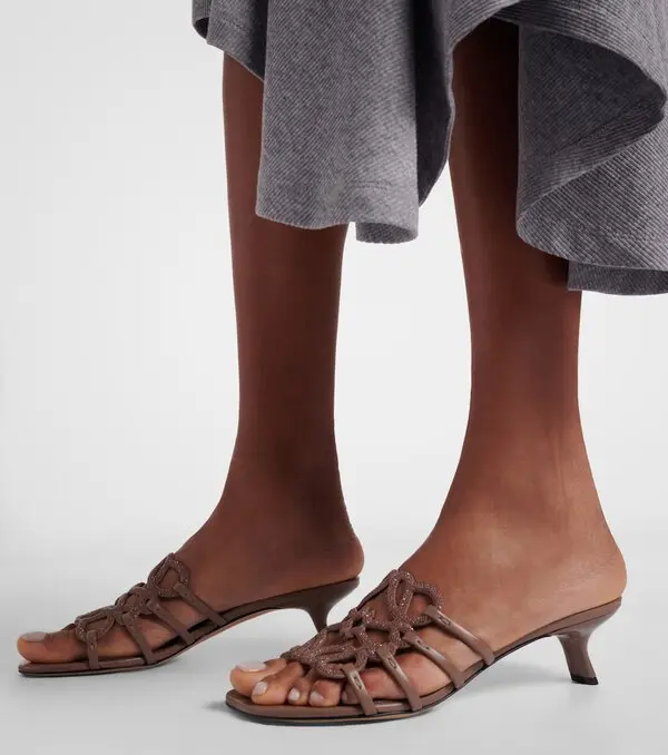 Loewe Petal Anagram Embellished Suede Mules - Brown