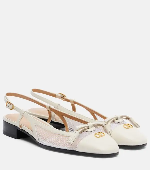 Valentino Garavani Vlogo Leather And Mesh Slingback Flats - White