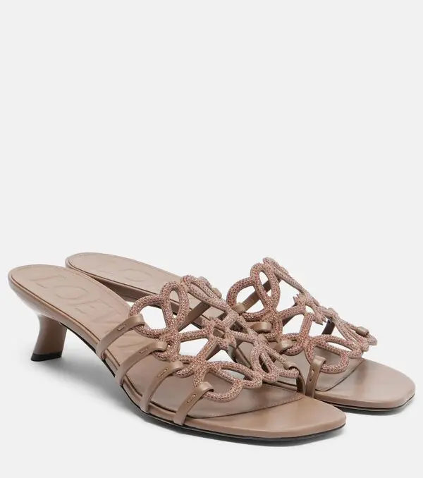 Loewe Petal Anagram Embellished Suede Mules - Brown