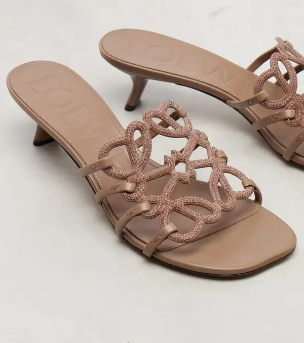 Loewe Petal Anagram Embellished Suede Mules - Brown