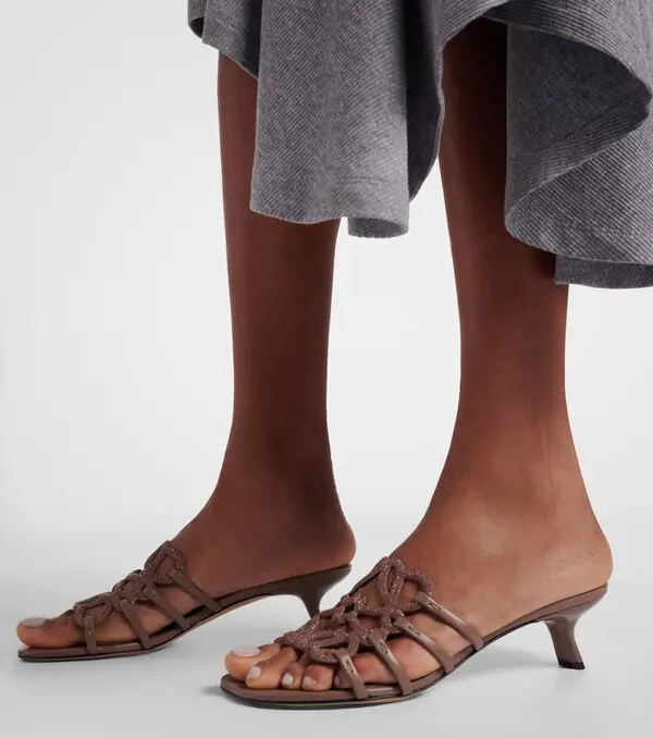 Loewe Petal Anagram Embellished Suede Mules - Brown