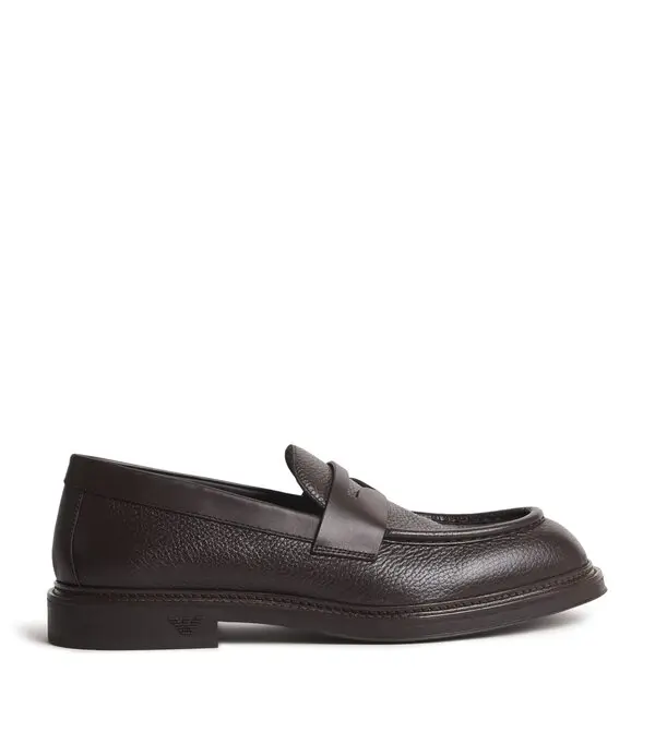 Emporio Armani Grained Leather Loafers With Eagle Detail - Brown